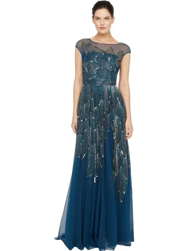 Theia Ava Beaded Cap Sleeve Gown - Aquamarine