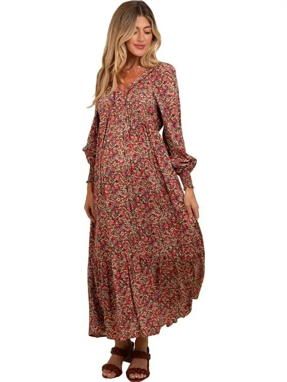 PINKBLUSH Floral V-neck Bubble Sleeve Maxi Dress - Mocha