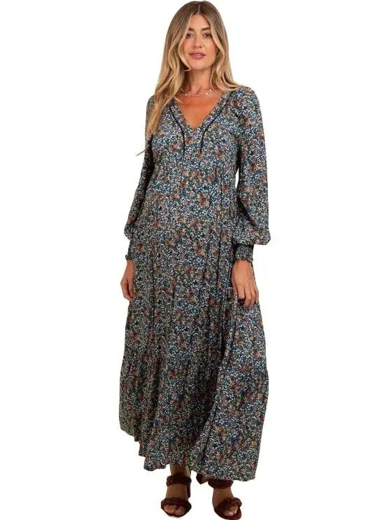 PINKBLUSH Floral V-neck Bubble Sleeve Maxi Dress - Navy Blue