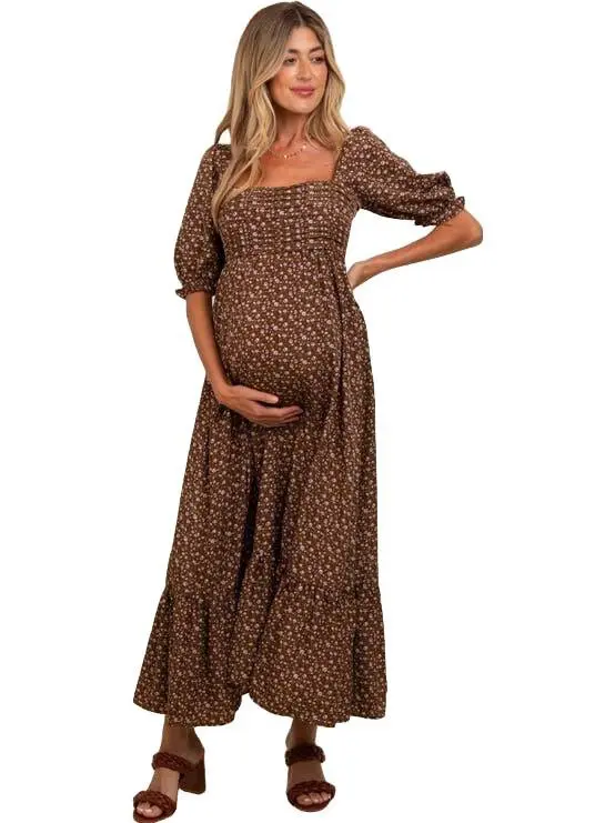 PINKBLUSH Floral Pleated Bodice Maxi Dress - Mocha