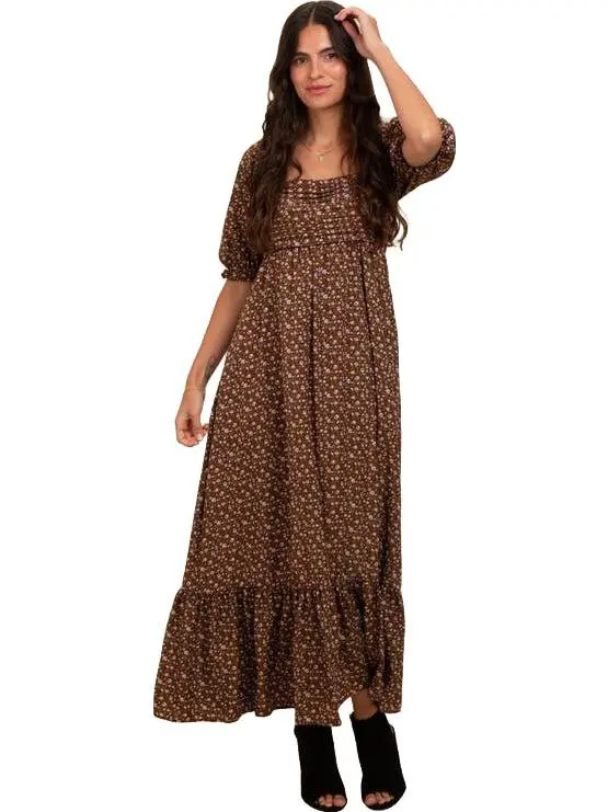 PINKBLUSH Floral Puff Sleeve Maxi Dress - Mocha