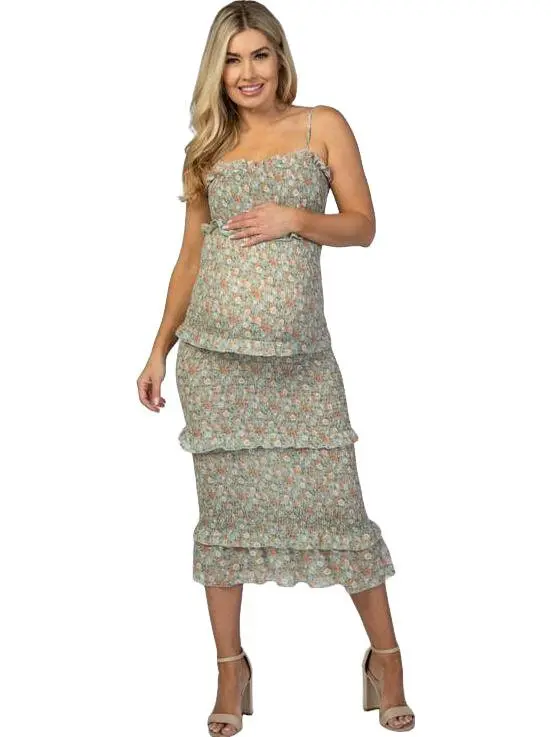 PINKBLUSH Floral Chiffon Smocked Fitted Maternity Midi Dress - Light Olive