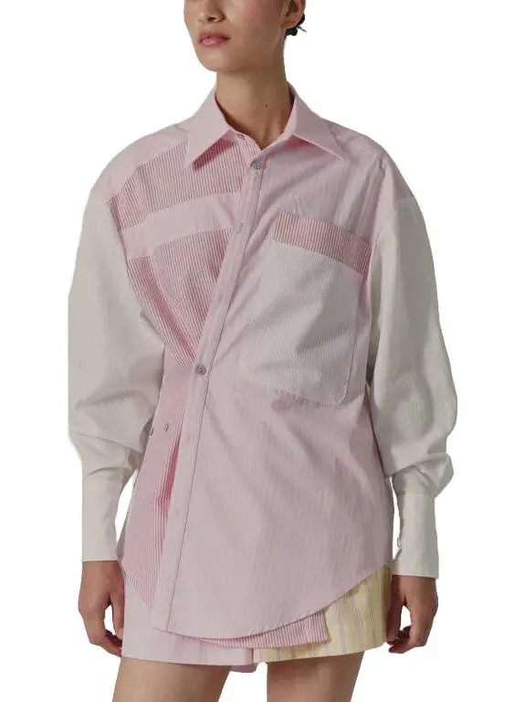 DE LORETA Norte Long Sleeve Cotton Shirt - Mil Rayas Rosa Print