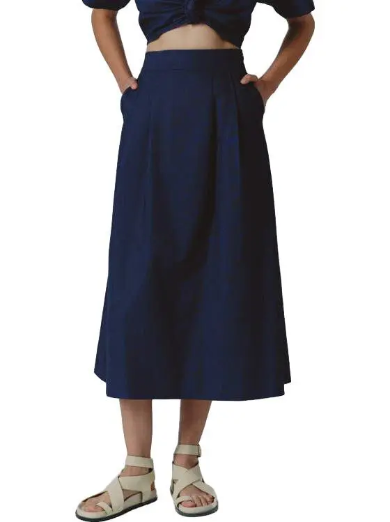 DE LORETA A-line Cotton Midi Skirt - Navy Denim