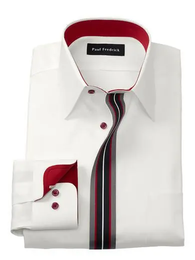 PAUL FREDRICK Slim Fit Non Iron Point Collar Dress Shirt With Striped Trim - White/red