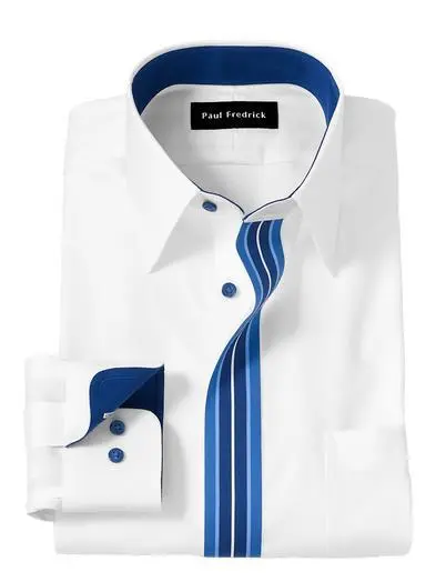 PAUL FREDRICK Tailored Fit Non Iron Point Collar Dress Shirt With Striped Trim - White/blue