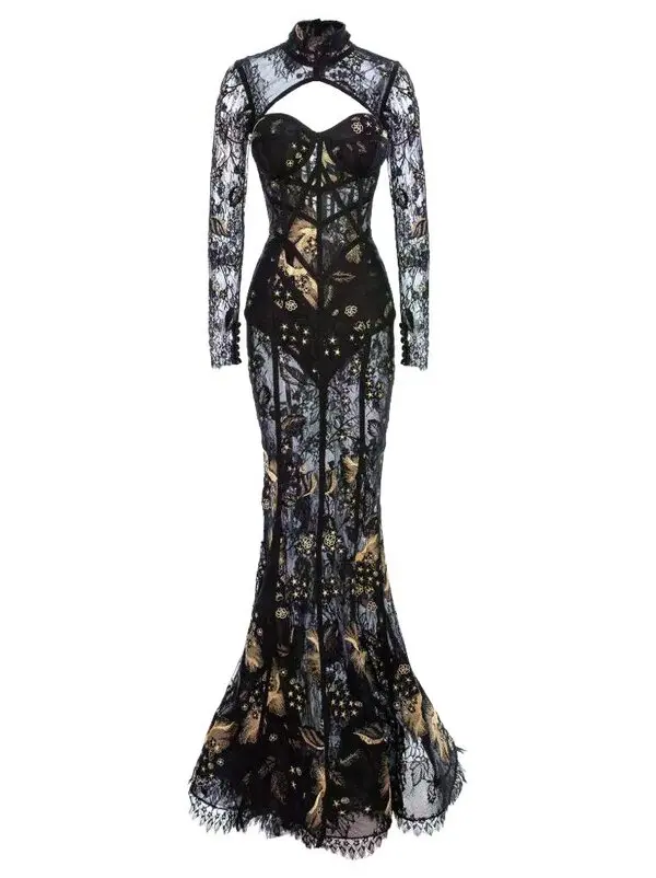 MITILIANE COUTURE Embroidered Lace Maxi Dress - Black