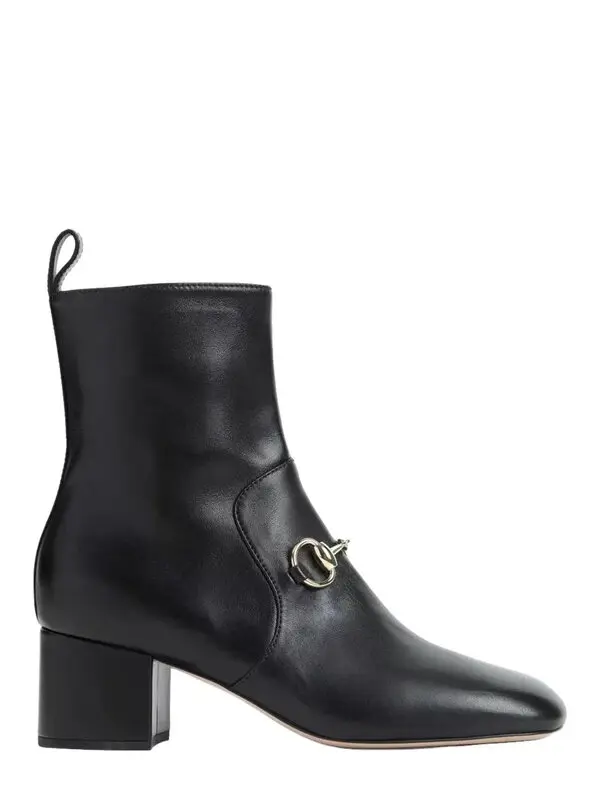 Gucci Leather Horsebit Detail Block Heel Boots - Black
