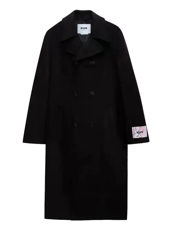 MSGM Double-breasted Coat With Logo Patch - Black