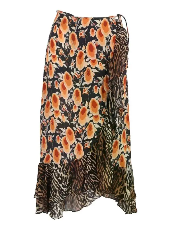 Rixo Liv Printed Wrap Midi Skirt - Black