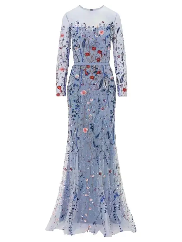 RAMI AL ALI Beaded Floral Lace Gown - Blue