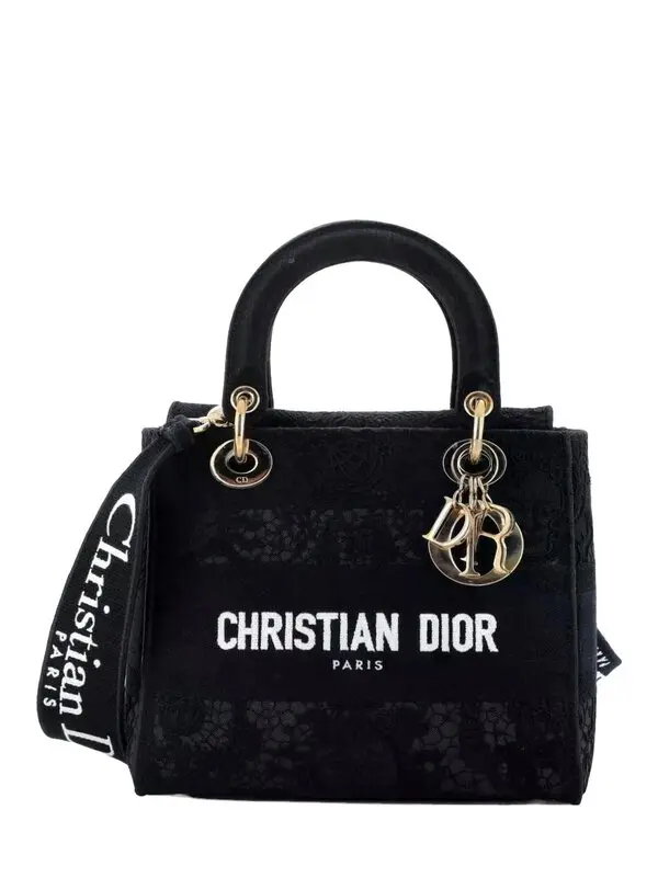 Dior Lady D-lite Medium Shoulder Bag Embroidery With Macrame Effect - Black