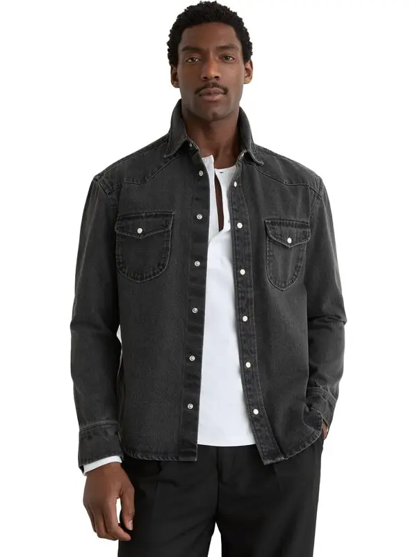 REISS Finley Washed Denim Western Overshirt - Washed Black