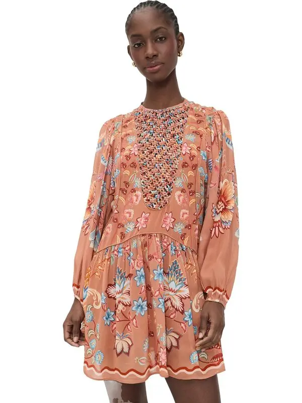Farm Rio Floral Print Mini Dress - Boho Enhance Mocha