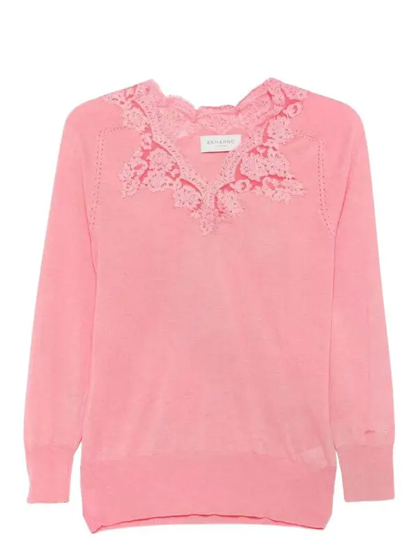 ERMANNO FIRENZE Lace-detailed V-neck Top - Pink