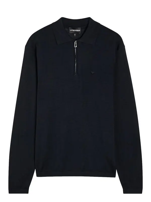 Emporio Armani Logo-embroidered Fine-knit Wool Polo Jumper - Navy