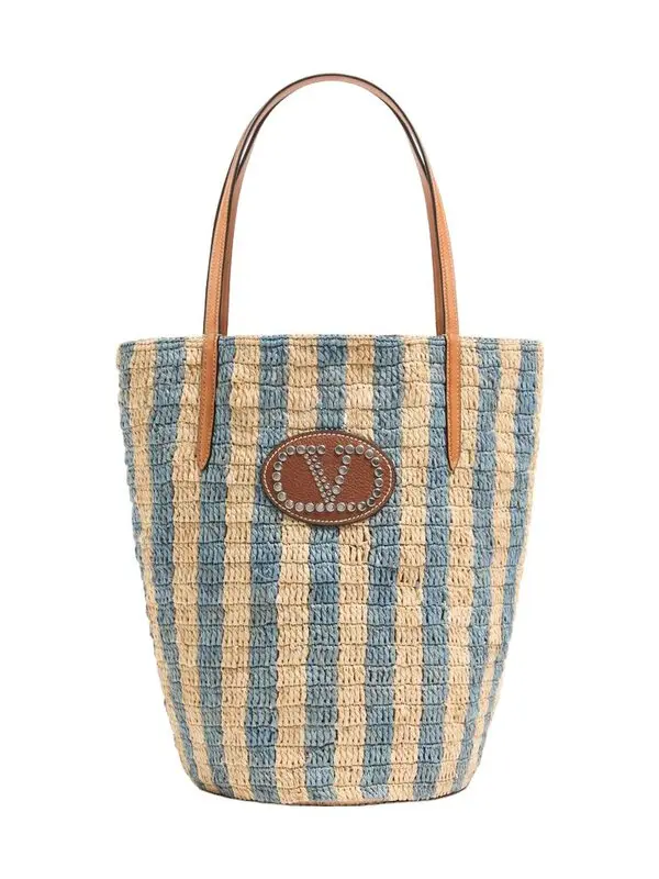 Valentino Garavani Raffia Vlogo Signature Shopping Bag - Natural/azure