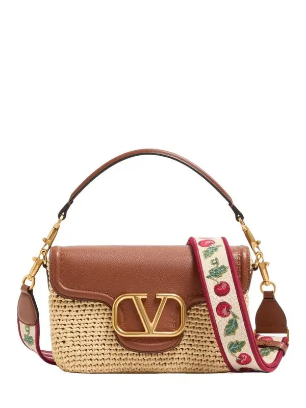 Valentino Garavani Alltime Raffia Shoulder Bag With Cherryfic Embroidery - Natural/saddle Brown