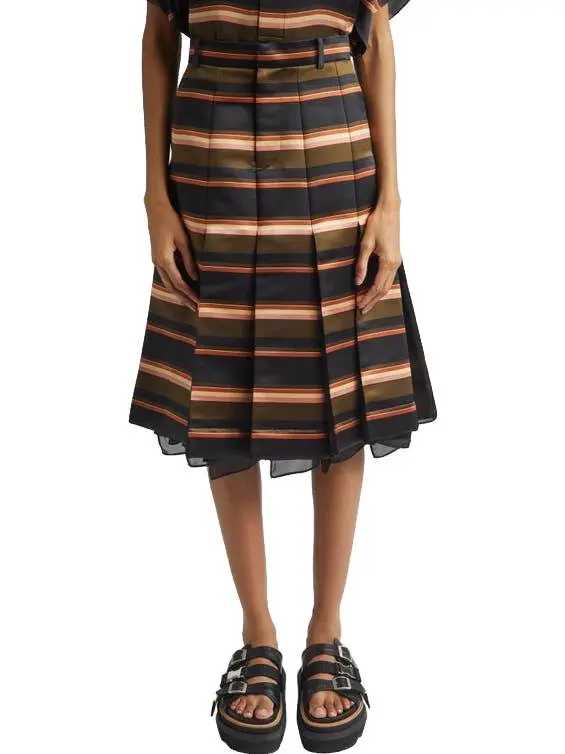 Sacai Pleated Horizontal Stripe Midi Skirt - Khaki/pink