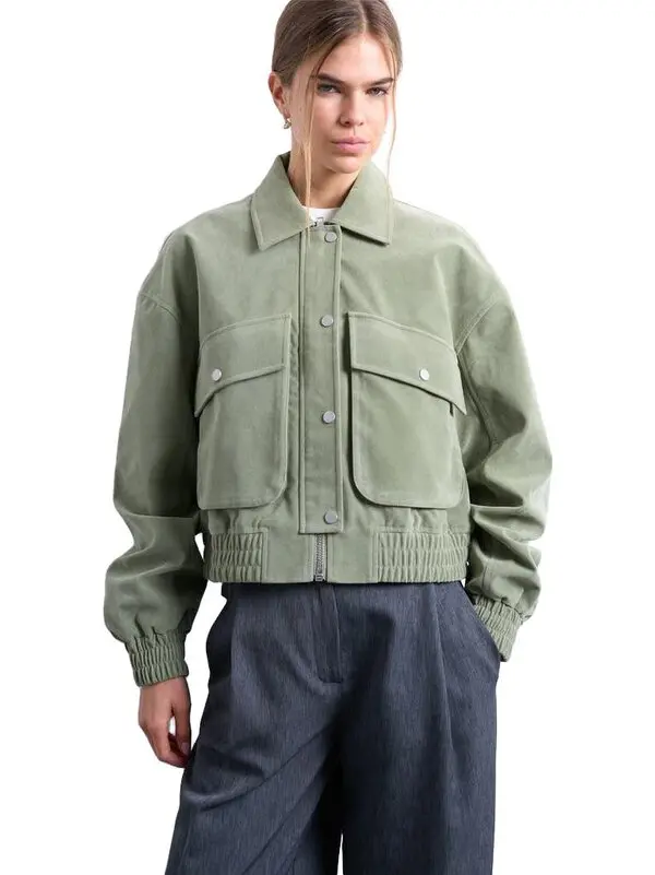 Topshop Flocked Crop Bomber Jacket - Sage