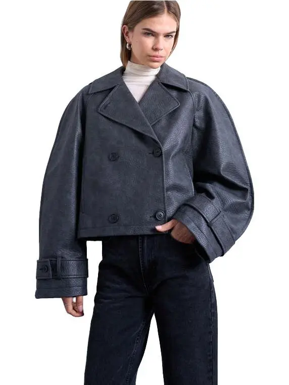 Topshop Ovoid Sleeve Faux Leather Trench Coat - Black