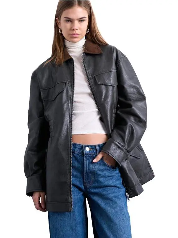 Topshop Cinch Waist Faux Leather Jacket - Black