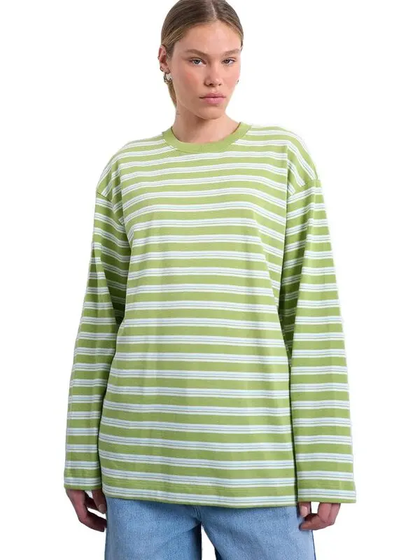Topshop Skater Stripe Oversized Long Sleeve Cotton T-shirt - Mint Green