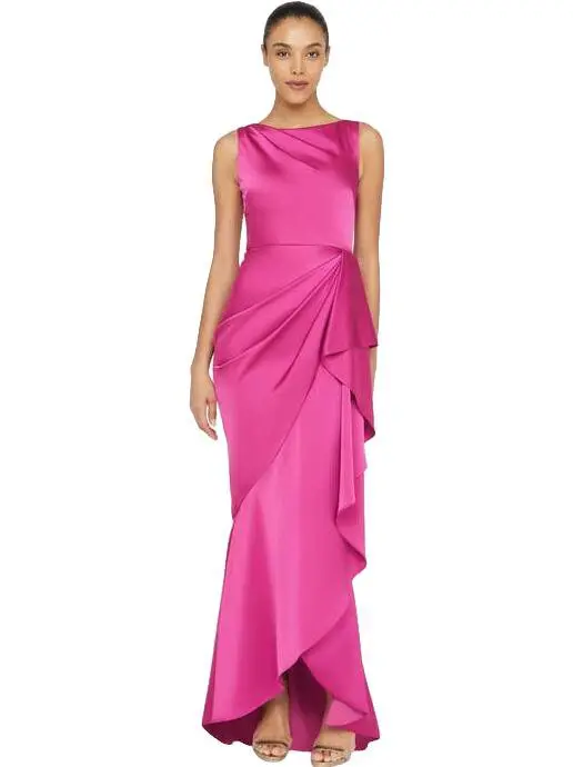Theia Harper Draped Wrap Bateau Neck Satin Gown - Shadow Rose