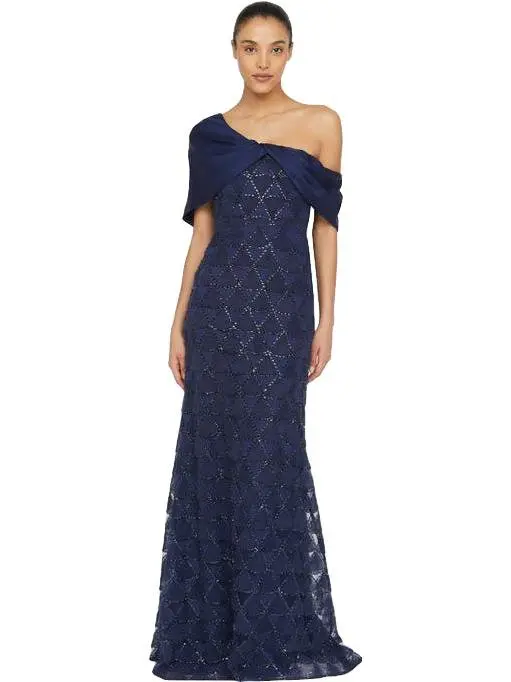 Theia Anabella Textured Tulle Asymmetric Neck Satin Fit And Flare Gown - Navy