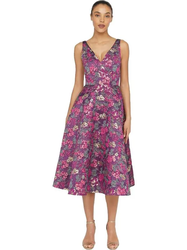 Theia Pia Floral Jacquard Tea-length Dress - Oxblood/shadow Rose