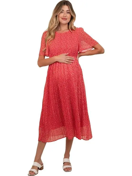 PINKBLUSH Floral Pleated Maternity Midi Dress - Red