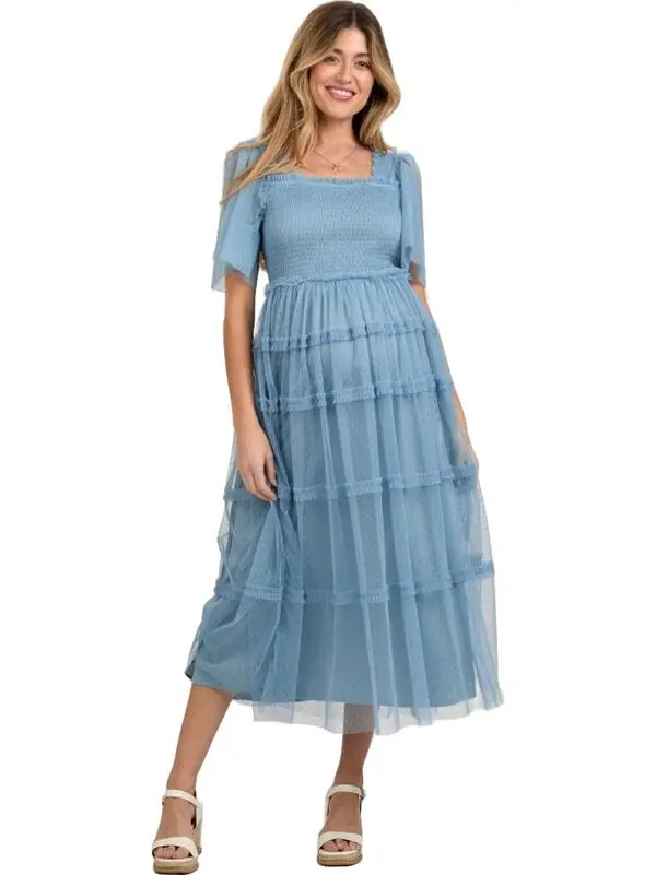 PINKBLUSH Ruffled Mesh Maternity Maxi Dress - Blue