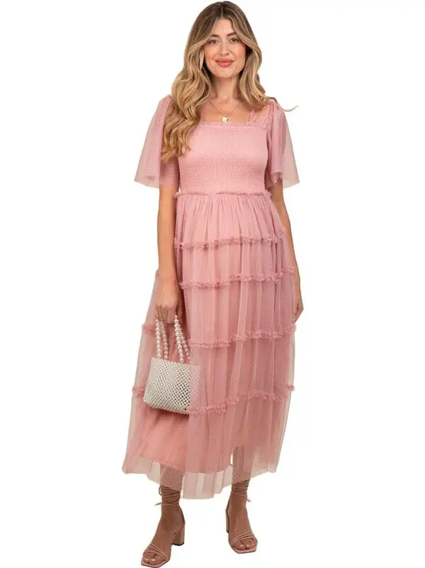 PINKBLUSH Ruffled Mesh Maternity Maxi Dress - Pink