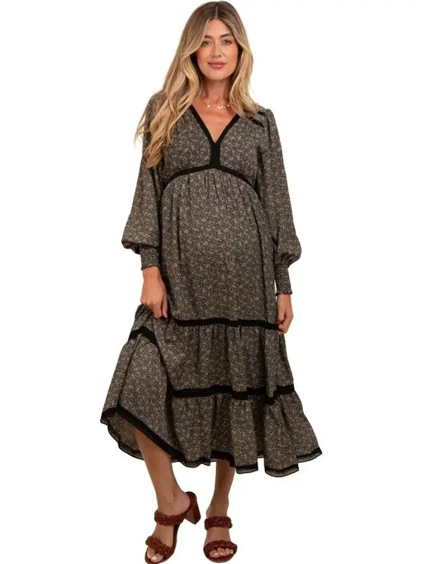 PINKBLUSH Floral Lace Trim Bubble Sleeve Maxi Dress - Black