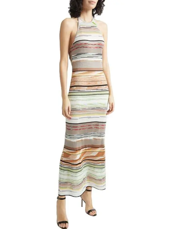 Missoni Flame Space Dye Stripe Knit Halter Neck Midi Dress - Green Brown Tones