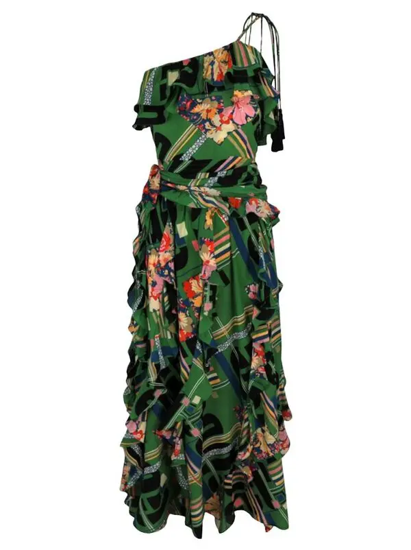 Gucci Floral Checkprint Ruffled Silkcrepe Dress - Green Black