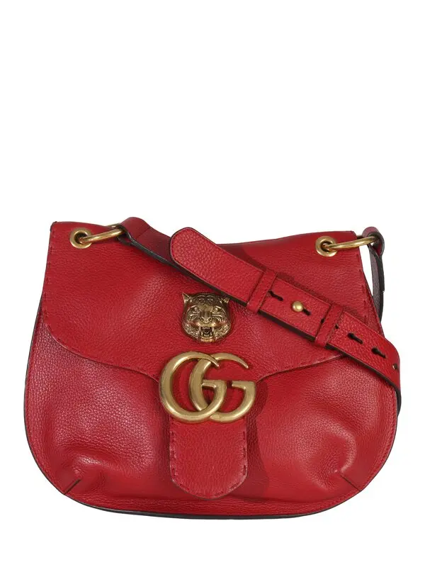 Gucci Cellarius Calfskin Feline Gg Marmont Flap Shoulder Bag - Red