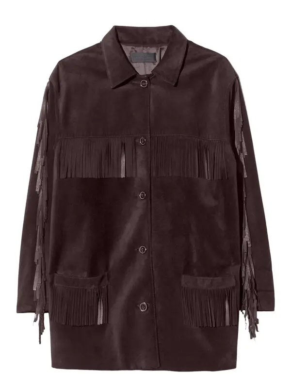NILI LOTAN Foudre Fringe Suede Jacket - Dark Brown