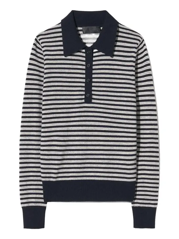 NILI LOTAN Prescott Stripe Cashmere Polo - Dark Navy/grey Stripe