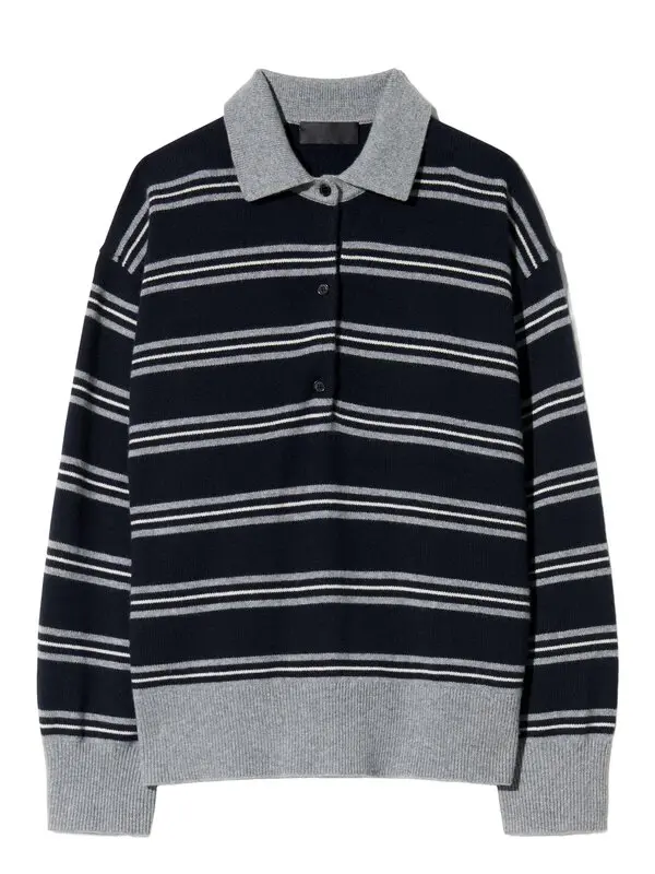 NILI LOTAN Galvez Stripe Cashmere Polo - Dark Navy/grey Stripe