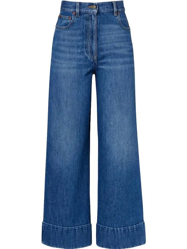 Valentino Garavani Leather-trimmed Wide-leg Jeans - Blue
