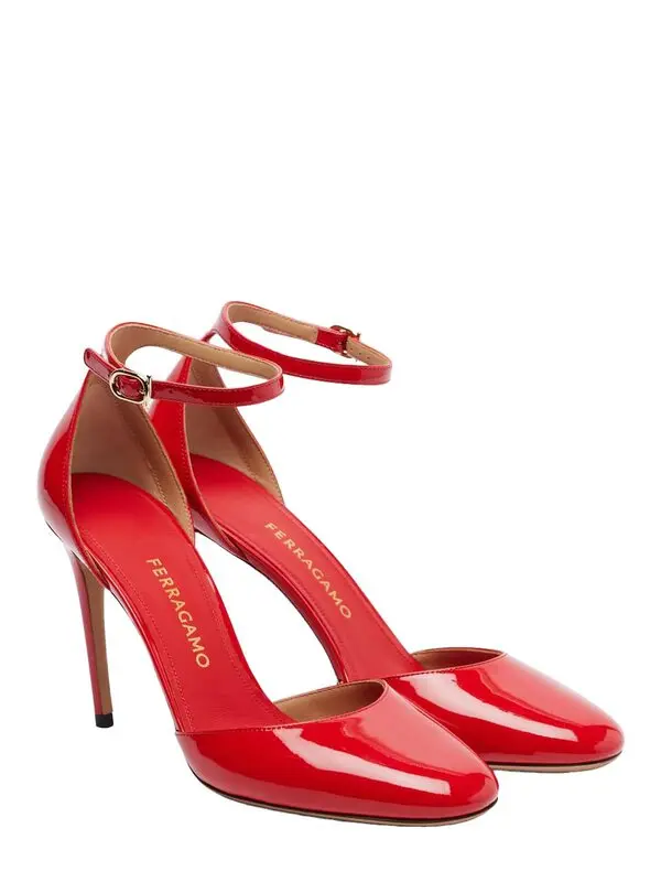 FERRAGAMO Patent Leather Ankle Strap Pumps - Red