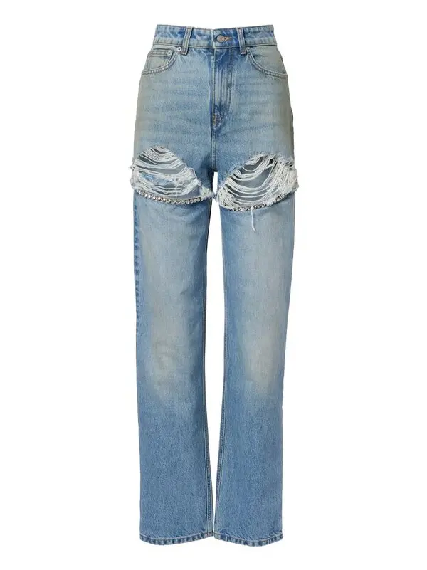 AREA Distressed Embellished Wide-leg Jeans - Blue
