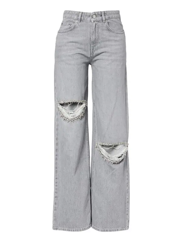 AREA Distressed Embellished Wide-leg Jeans - Grey