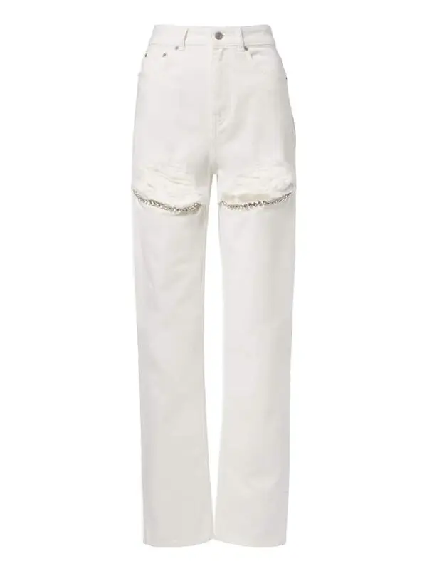 AREA Distressed Embellished Wide-leg Jeans - White