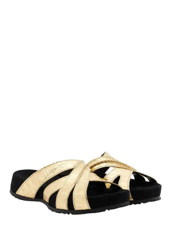 Dries Van Noten Metallic Leather And Suede Slides - Gold