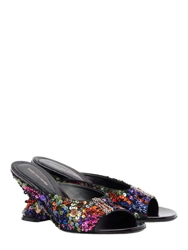 Dries Van Noten 75 Sequined Leather Wedge Mules - Multicoloured