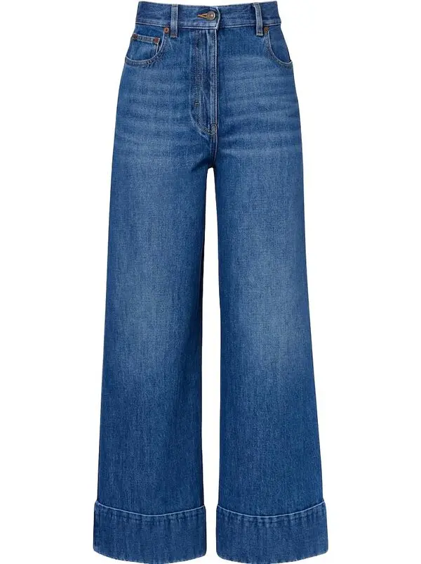 Valentino Garavani Leather-trimmed Wide-leg Jeans - Blue