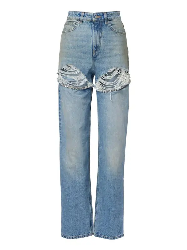 AREA Distressed Embellished Wide-leg Jeans - Blue