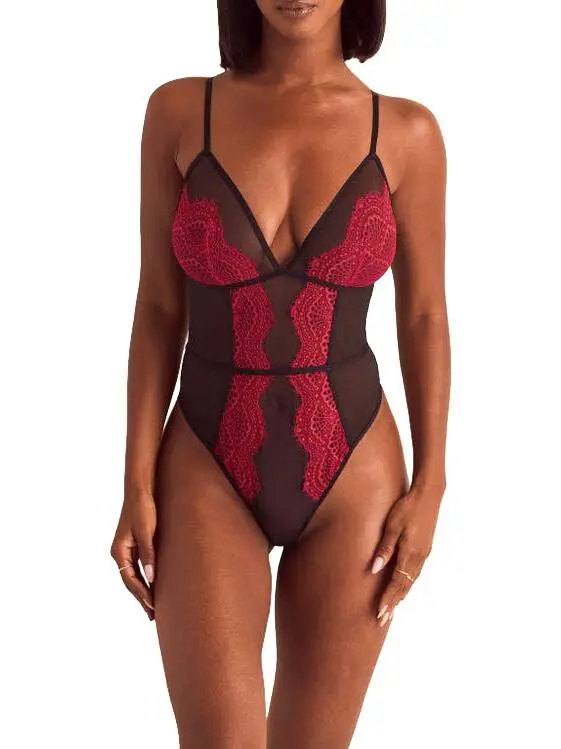 ADORE ME Sheer Lace Bodysuit - Dark Red